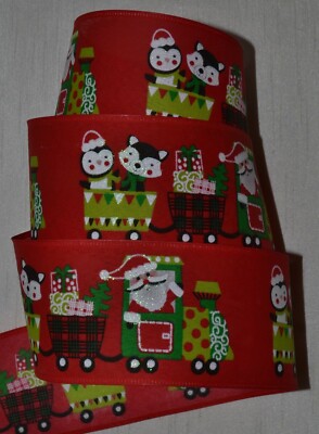 Wired Ribbon~Christmas Red~Holiday Train~Santa Claus~Penguin~Fox~2.5 ...