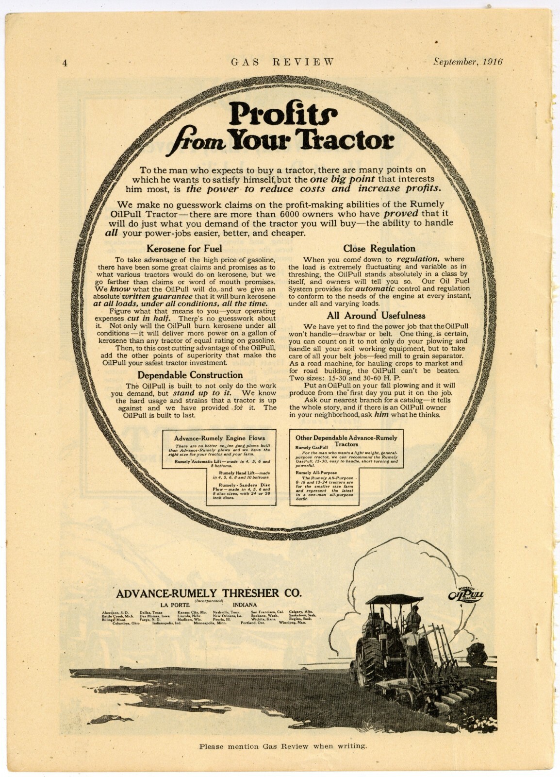 1916 Advance Rumely Thresher Co. Ad: Kerosene/Oil Pull Tractors - La ...