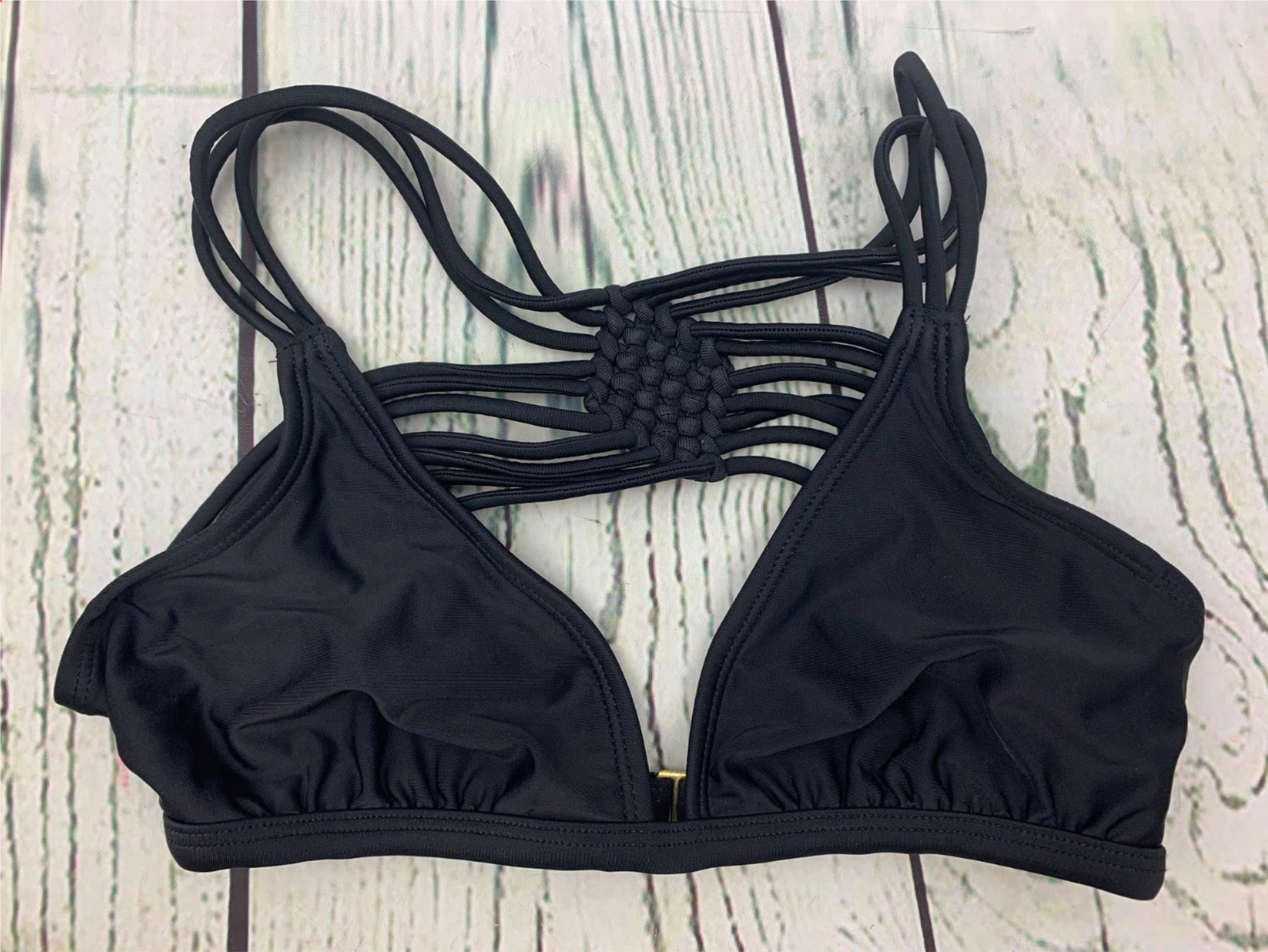 Womens Macrame Back Triangle Bikini Top Small Black - Gem