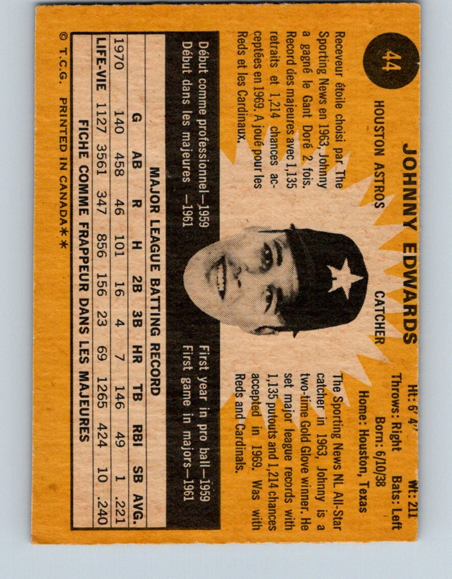 VINTAGE BASEBALL CARD OPC 1971 HOUSTON ASTROS JOHNNY EDWARDS NO337 | eBay