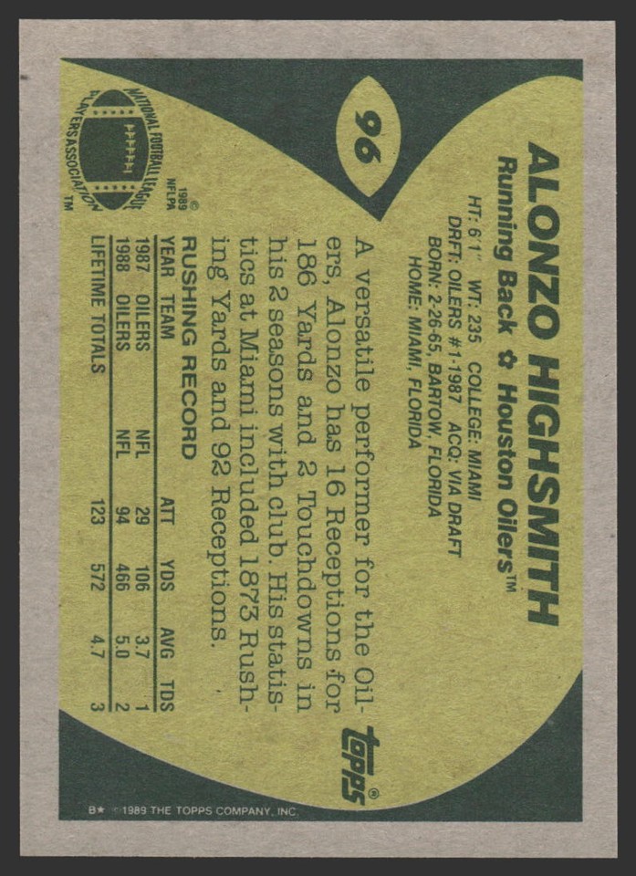 Alonzo Highsmith #96 1989 Topps Houston Oilers | eBay