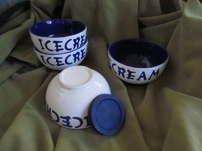 Ceramic Ice Cream Bowls Set of 4 White/ Cobalt Blue | eBay