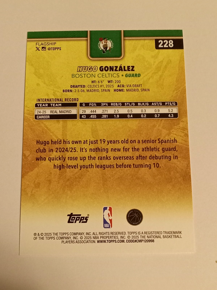 2025-26 Topps Flagship Golden Mirror RC #228 Hugo Gonzalez Boston ...
