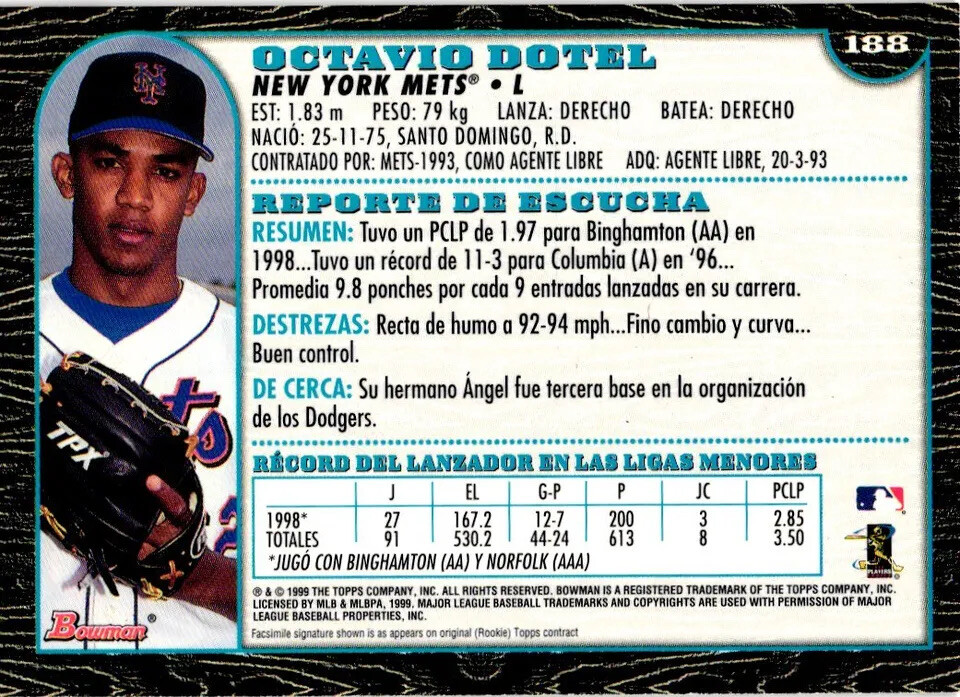 Signed 1999 Bowman Octavio Dotel 188 International New York Mets ...