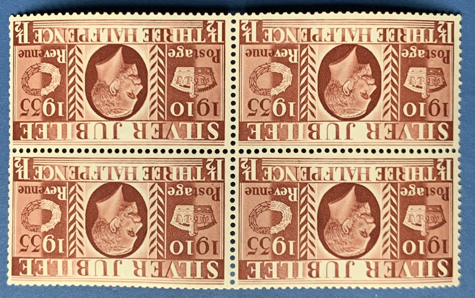 GB 1935 KGV Silver Jubilee 1½d Brown SG455wi Pane of 4 INVERTED ...