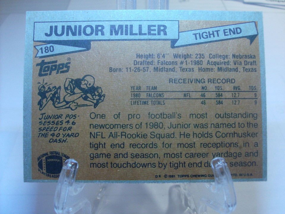 1981 Topps Football Card #180 - Junior Miller AP, RC - Atlanta Falcons ...