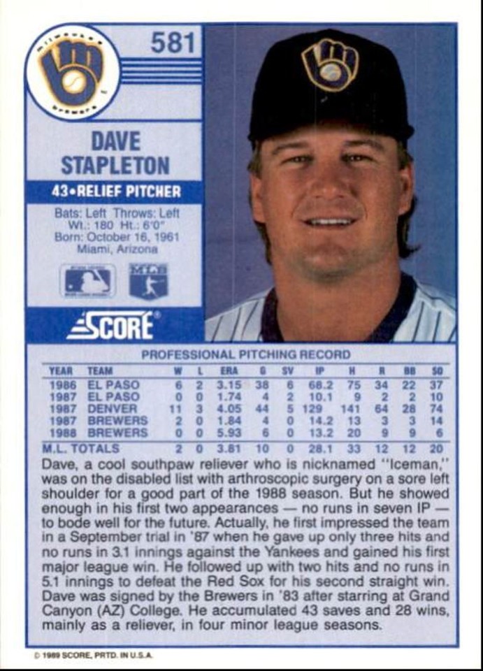 1989 Score Baseball Card Dave Stapleton Milwaukee Brewers #581 | eBay