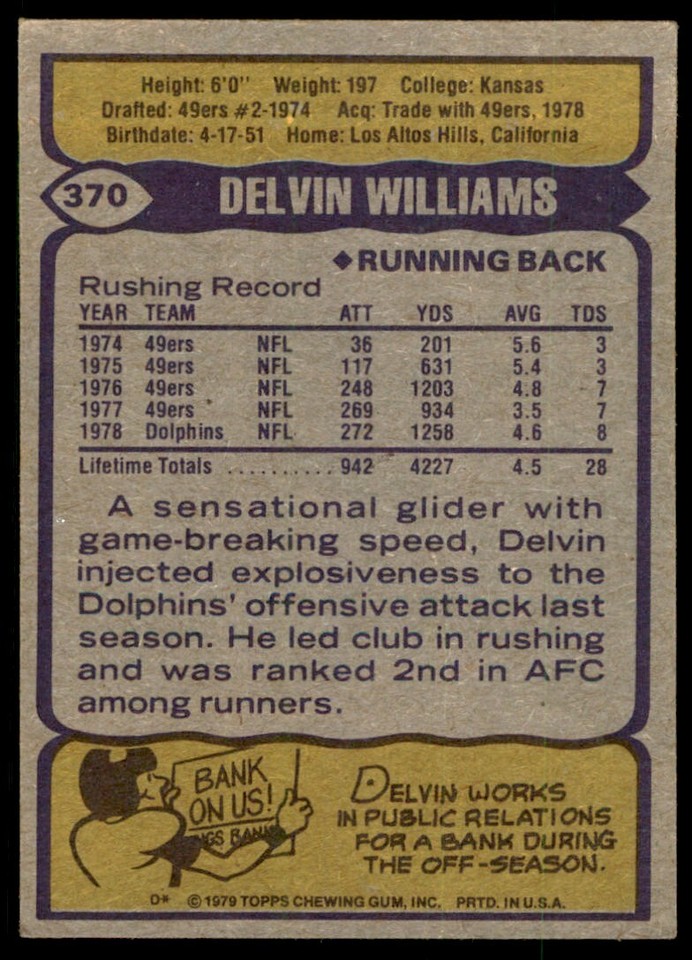 1979 TOPPS DELVIN WILLIAMS . MIAMI DOLPHINS #370 | eBay