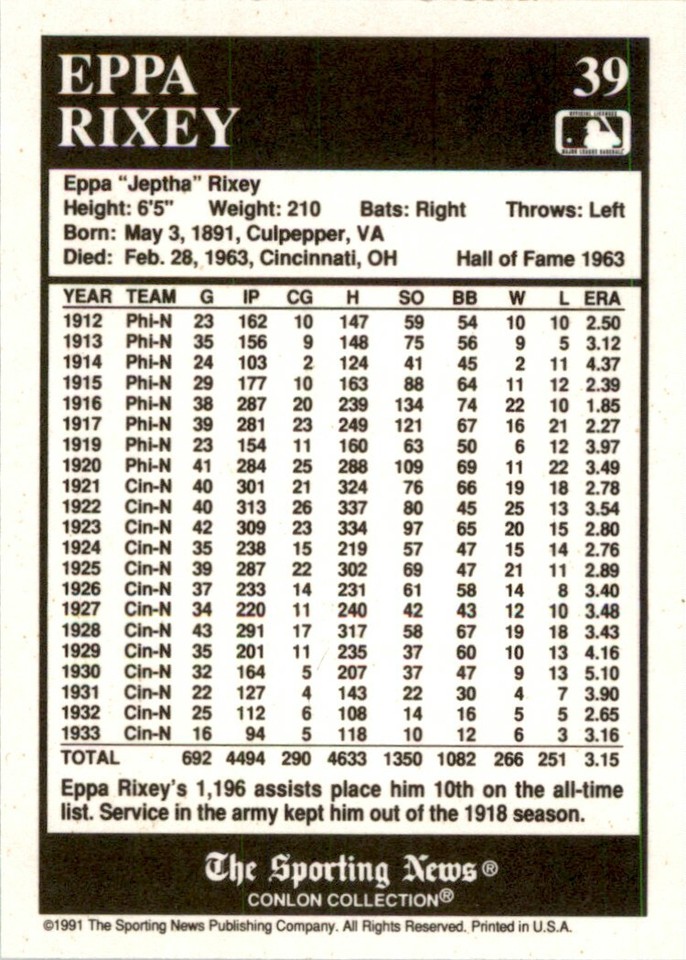 1991 CONLON COLLECTION TSN - #39 EPPA RIXEY CINCINNATI REDS | eBay