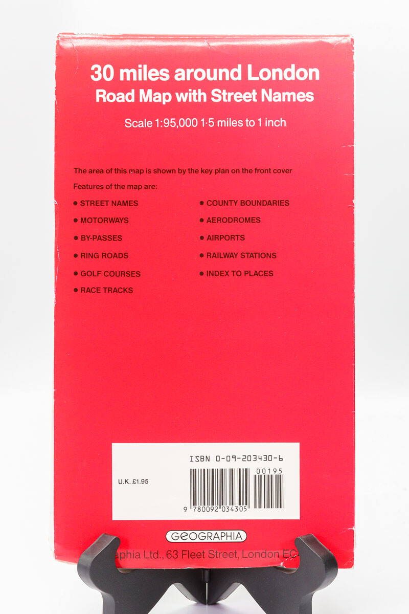 30 Miles around London Folding Road Map, street names, index, vintage ...