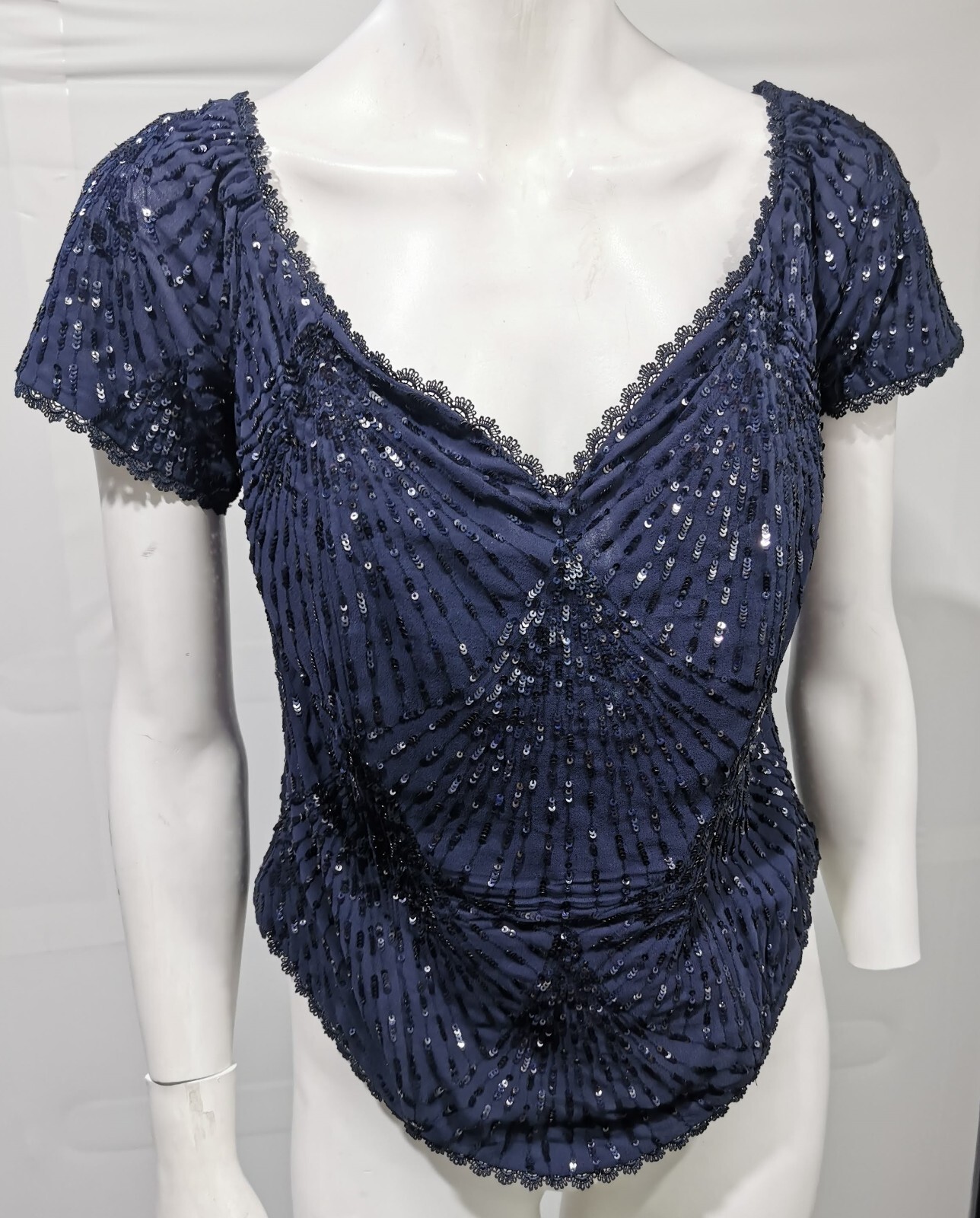 CAROLINE CHARLES dark blue sequin 100% silk v neck to… - Gem