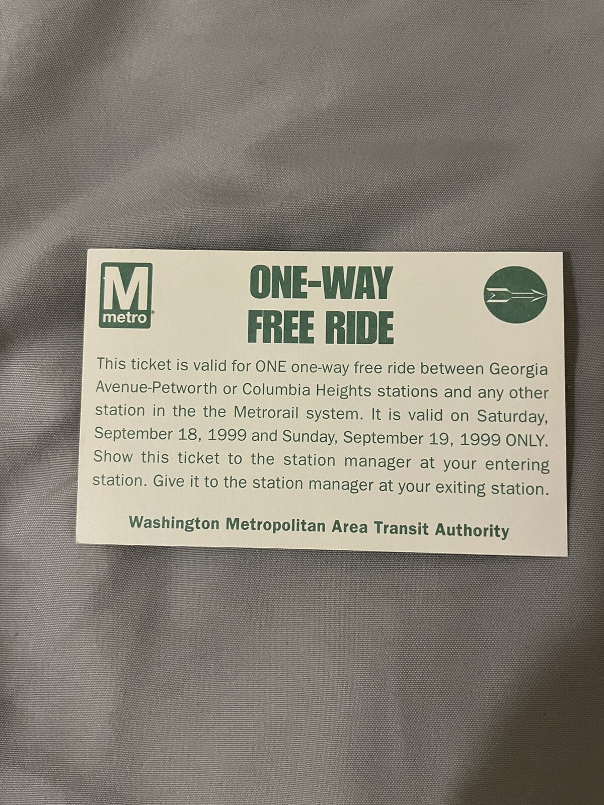 WMATA - One Way Free Ride Green Line (Ver. 2) | eBay