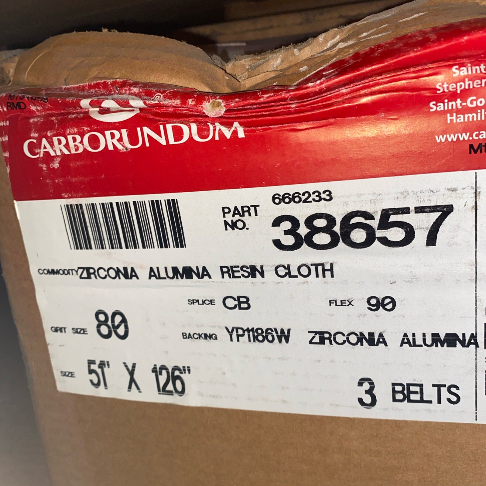 CARBORUNDUM,38657,80GRIT ZIRCONIA ALUMINA RESIN CLOTH 51"X126 3 BELTS ...