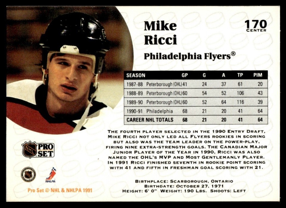 1991-92 Pro Set #170 Mike Ricci Philadelphia Flyers | eBay