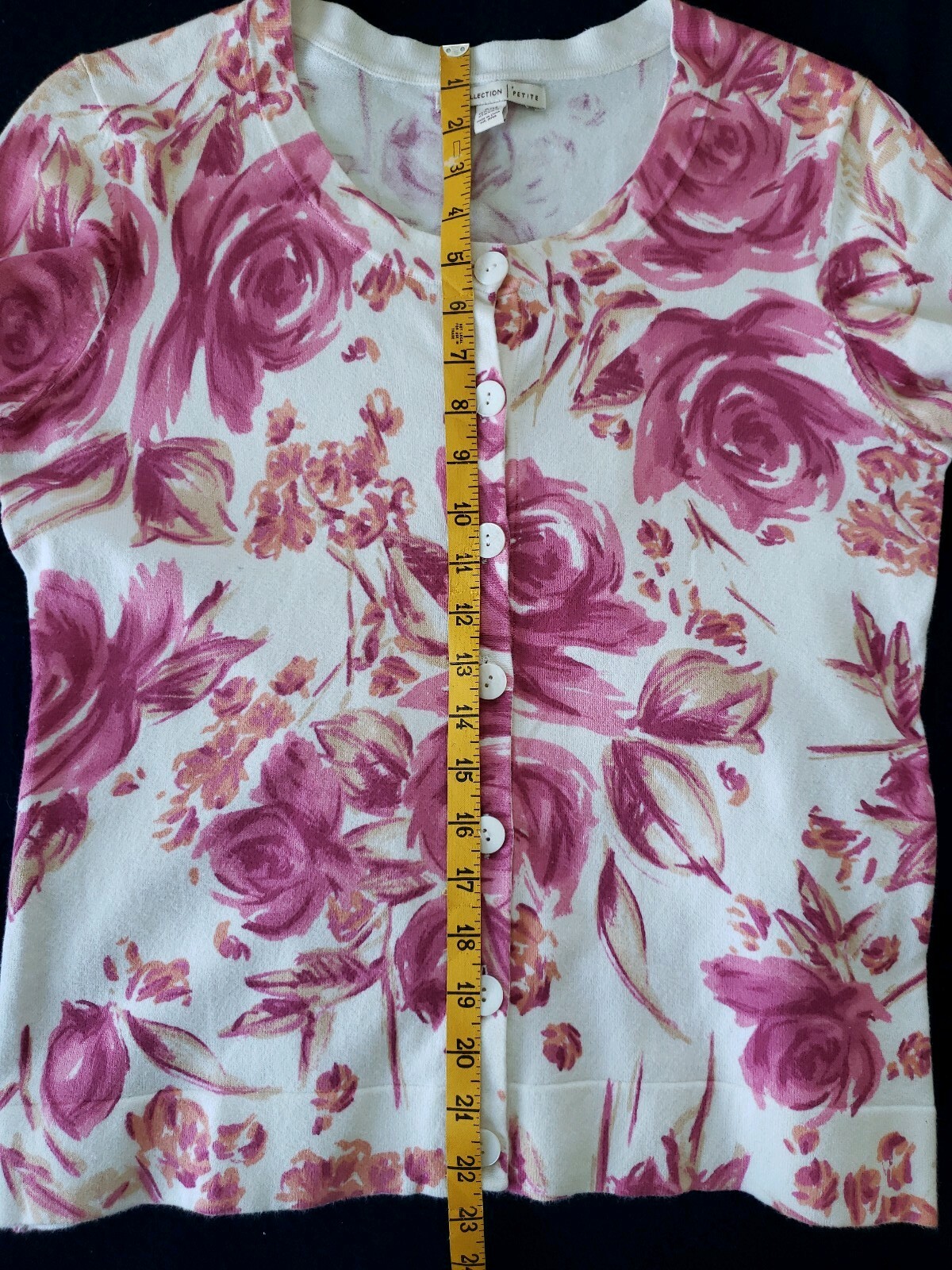 JM collection pink white floral long sleeve cardigan sweater Petite M ...