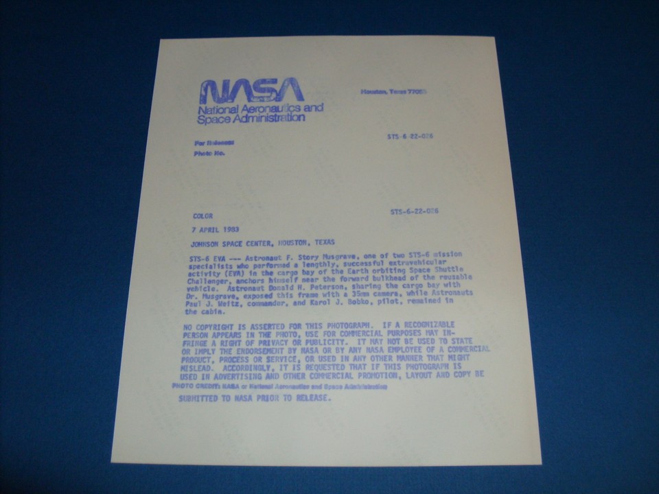NASA SPACE SHUTTLE CHALLENGER STS-6 EVA SERIAL NUMBER PHOTO 1983 ...