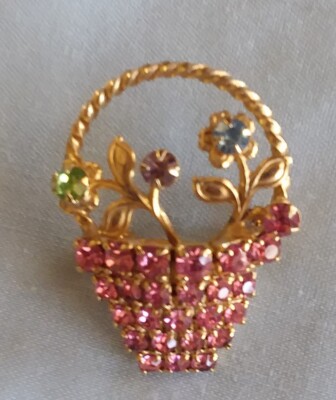 Vintage Easter/Spring Rhinestone Multi Color Flower Basket Pin Goldtone ...