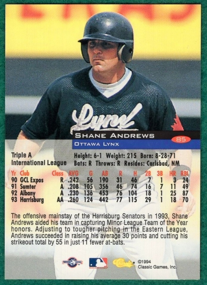 Shane Andrews - 1994 Classic #85 - Ottaway Lynx Baseball Card | eBay