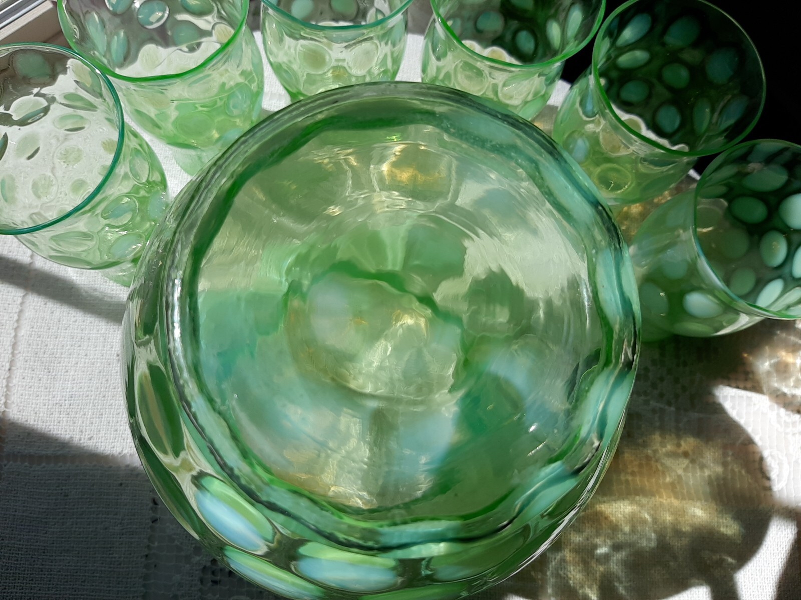 Antique Fenton Lime Coin Dot Opalescent Pitcher Set! STUNNING!! MINT ...