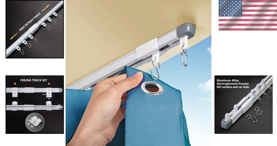 Retractable Ceiling Curtain Track (4.8-8.15ft) with Silent Rollers ...