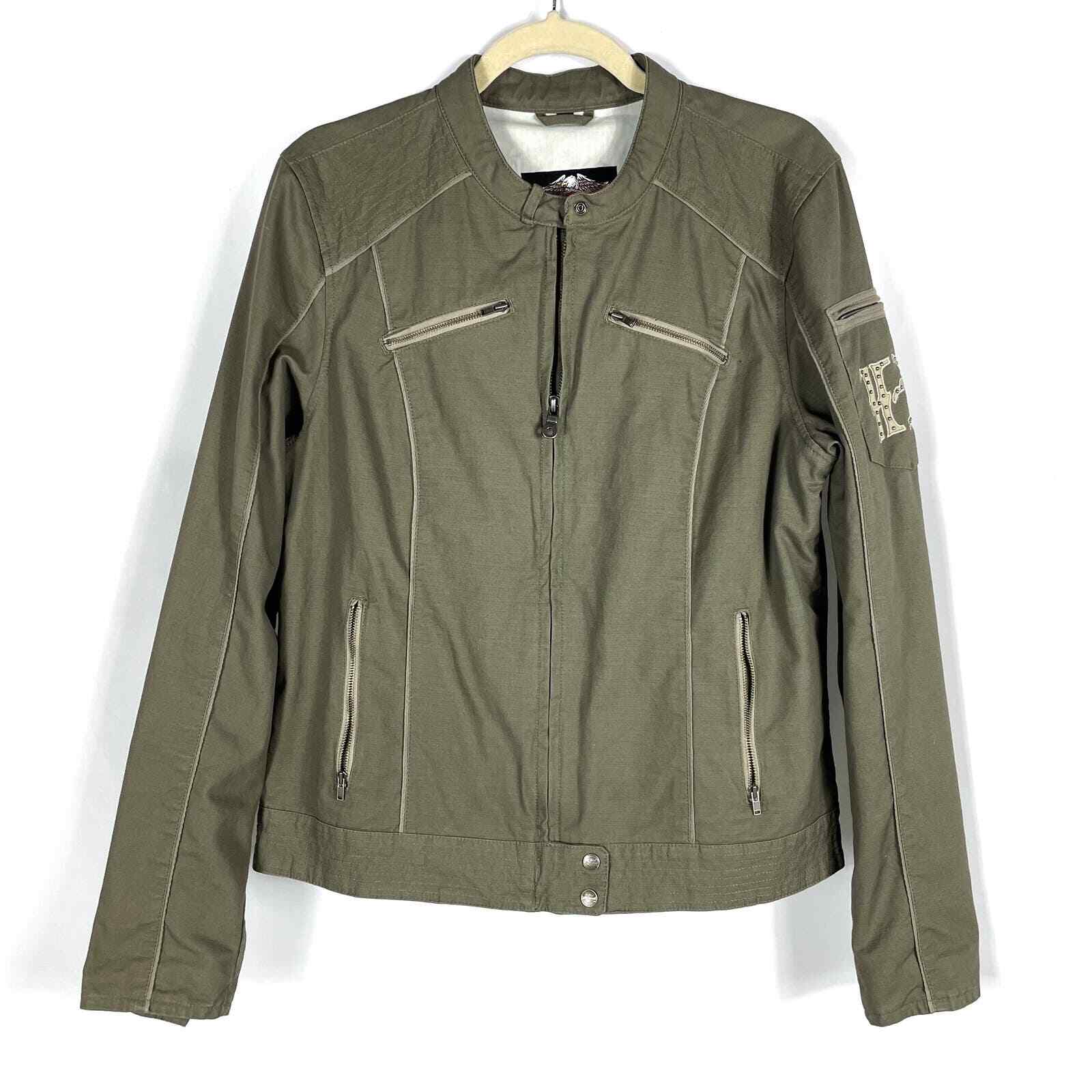 Harley Davidson Canvas Moto Jacket Green Embroidered … - Gem