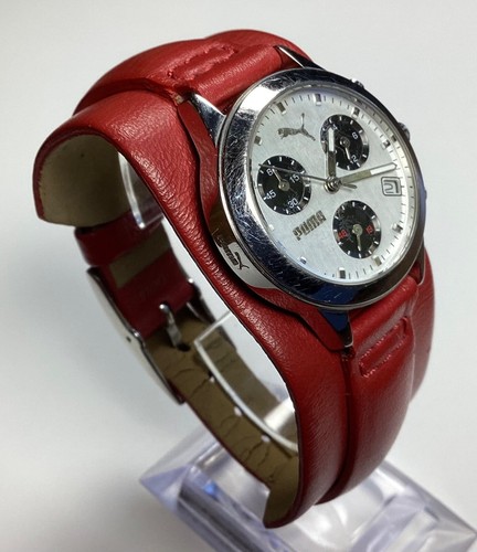 Puma Ladies Watch Red Bund Leather Band Silver Multi Dial New Battery ...