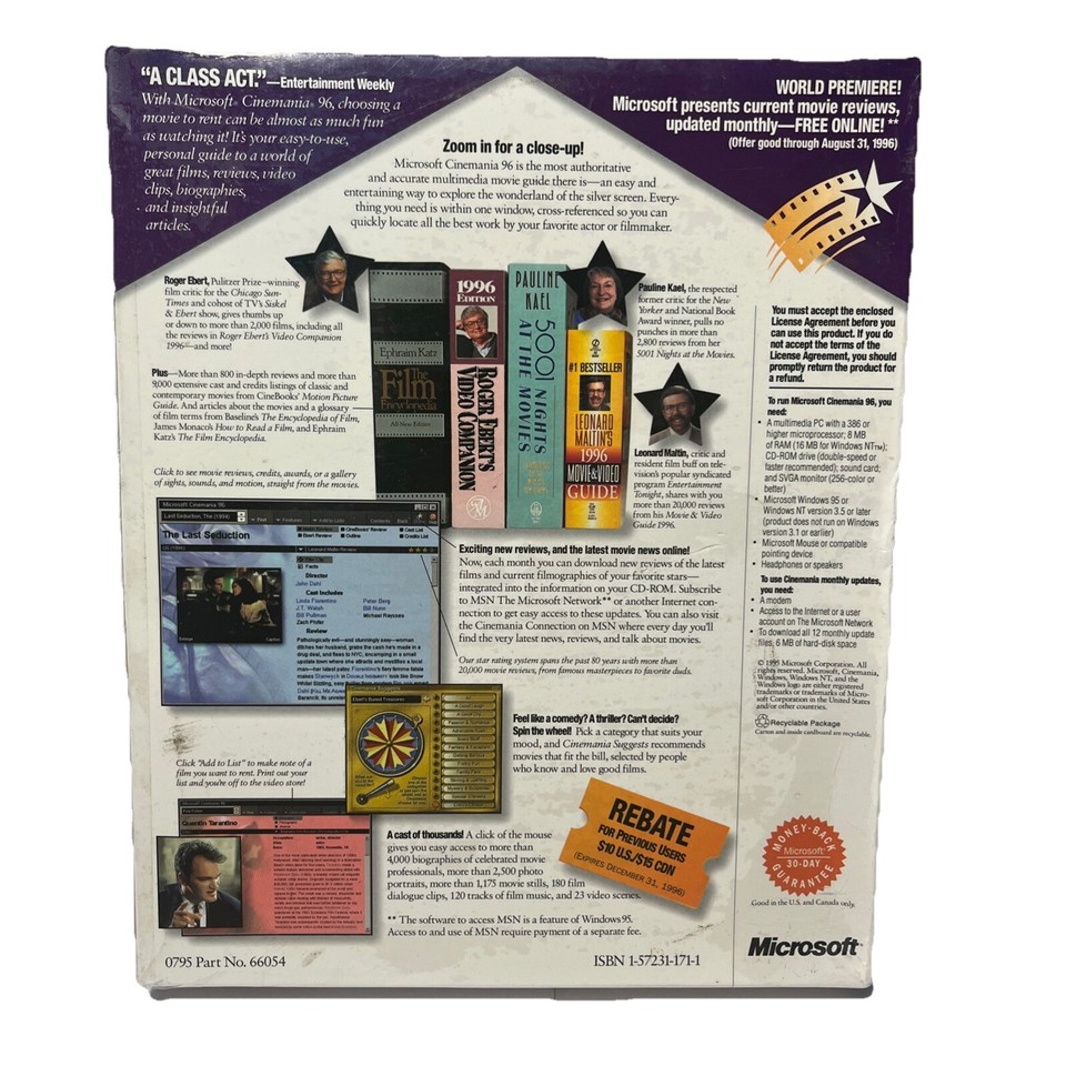 Microsoft Home Cinemania 96 PC Movies Moviemakers Windows 95 Cd Rom New ...