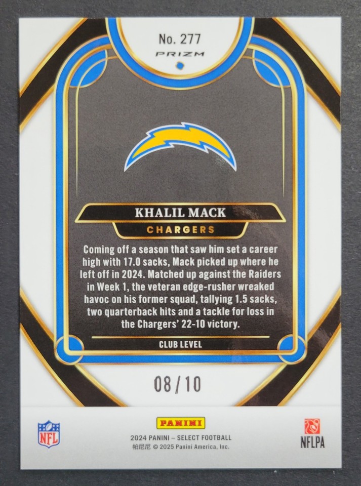 Khalil Mack 2024 Panini Select Club Level Gold Dragonscale Chargers #'d ...