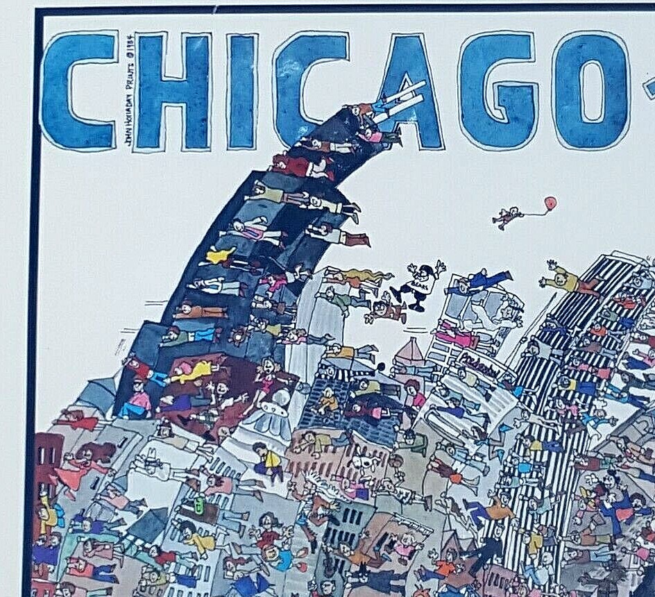 CHICAGO FRAMED CARTOON VINTAGE WINDY CITY ILLUSTRATION John Holladay ...