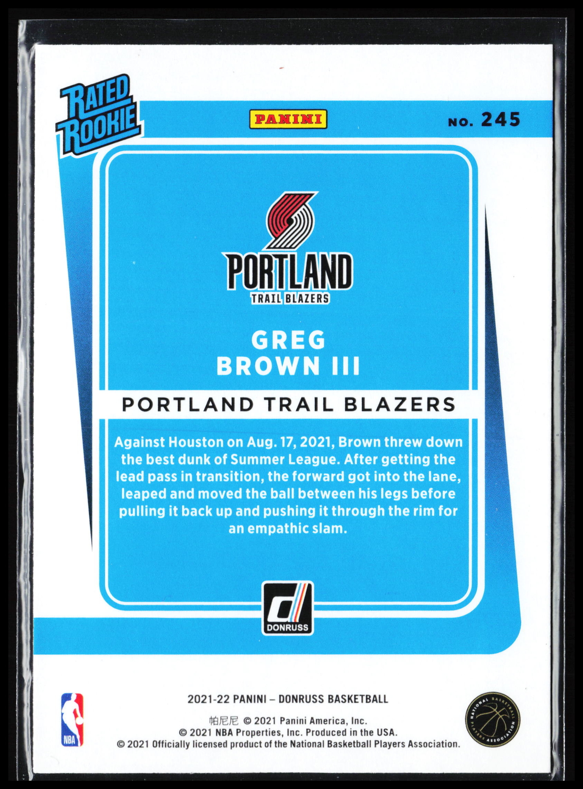 Greg Brown III #245 2021-22 Donruss Rated Rookie Orange Laser Blazers ...