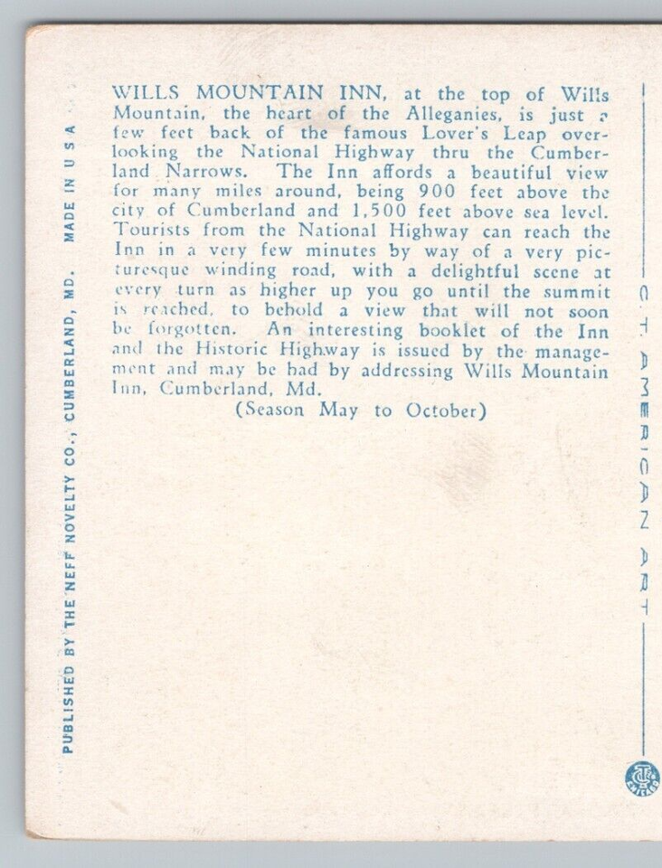 Postcard Cumberland Maryland Wills Mountain Inn on the National Highway ...