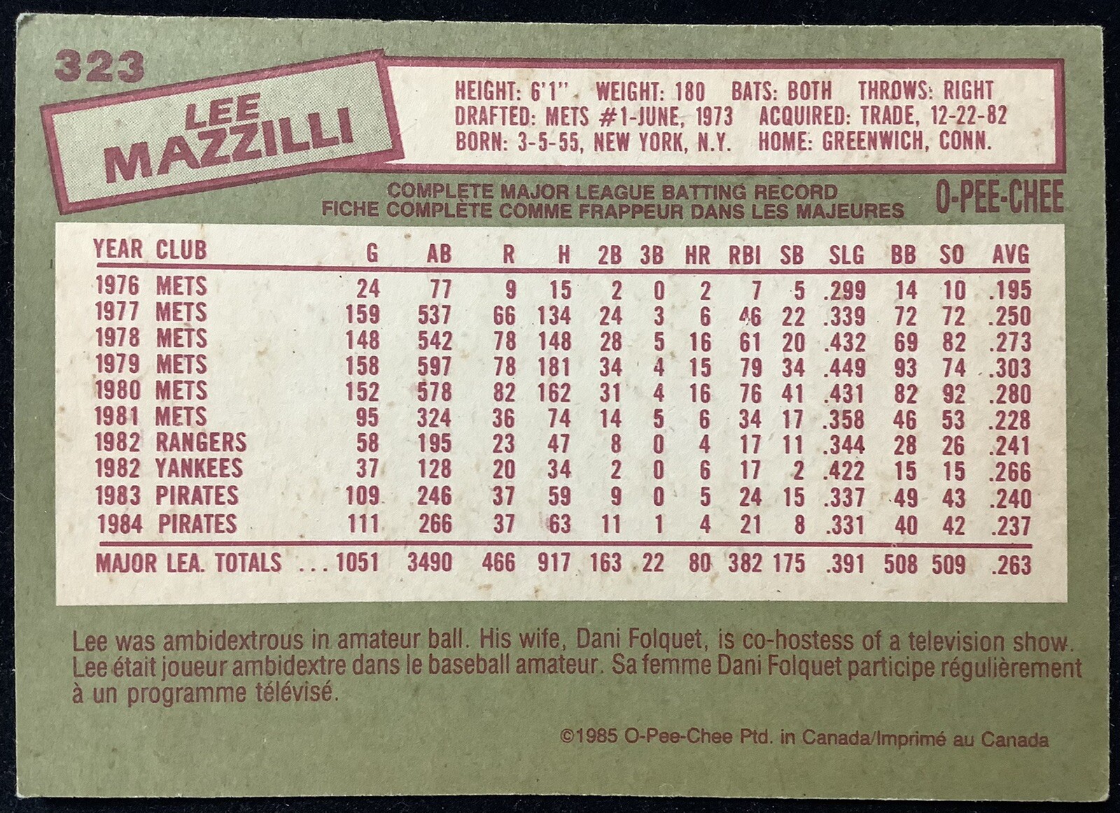 Lee Mazzilli Signed 1985 O-Pee-Chee #323 Baseball Card Pirates Mets NYY ...
