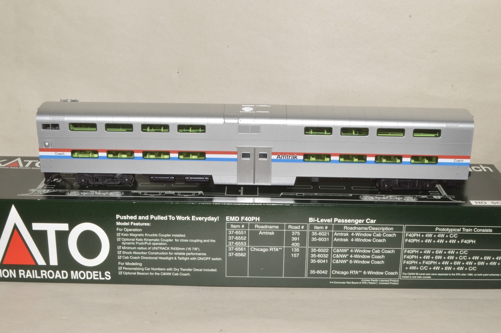 HO KATO 35-6021 Amtrak phase 3 bi-level commuter coach cab 4-window ...