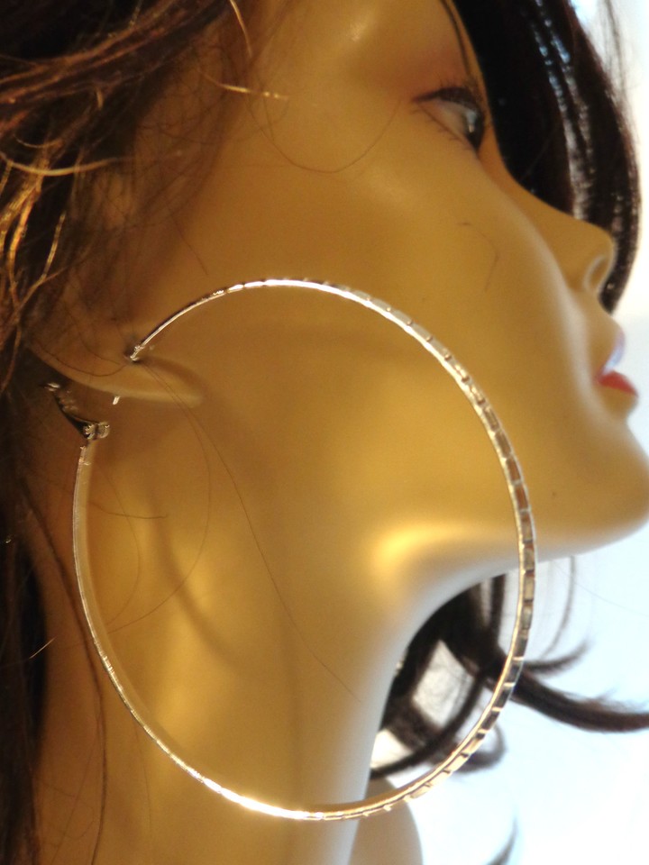 LARGE 3 INCH HOOP EARRINGS CLASSIC HOOPS TEXTURED SILVER TONE HOOP ...