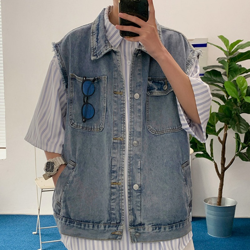 Men Casual Denim Tank Top Waistcoat Gilet Vest Coat Raw Trim Distressed ...