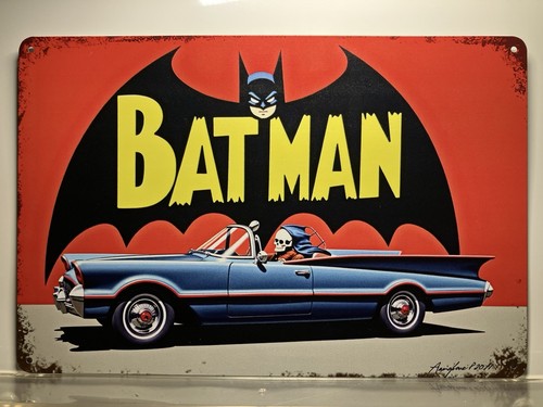 VINTAGE REPRODUCTION- TIN METAL SIGN- POSTER- BATMAN AND THE BATMOBILE ...