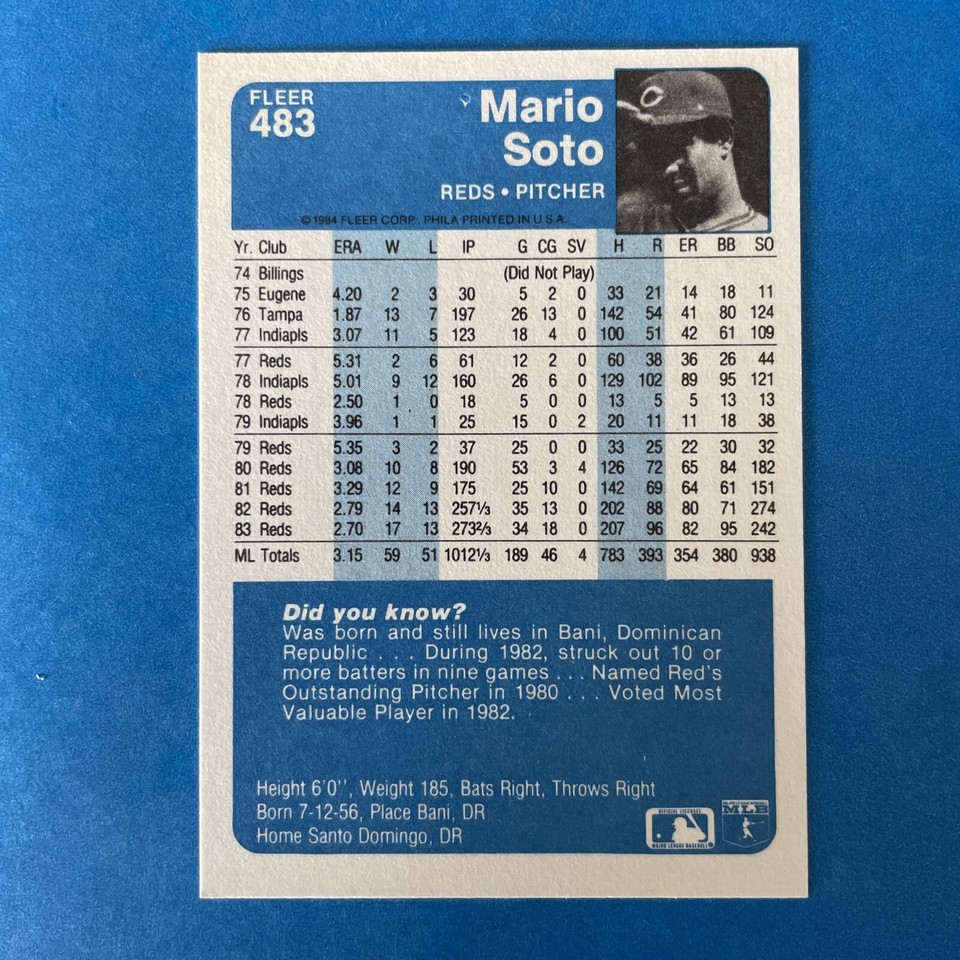 1984 FLEER BASEBALL Card #483 MARIO SOTO Cincinnati Reds Pitcher | eBay