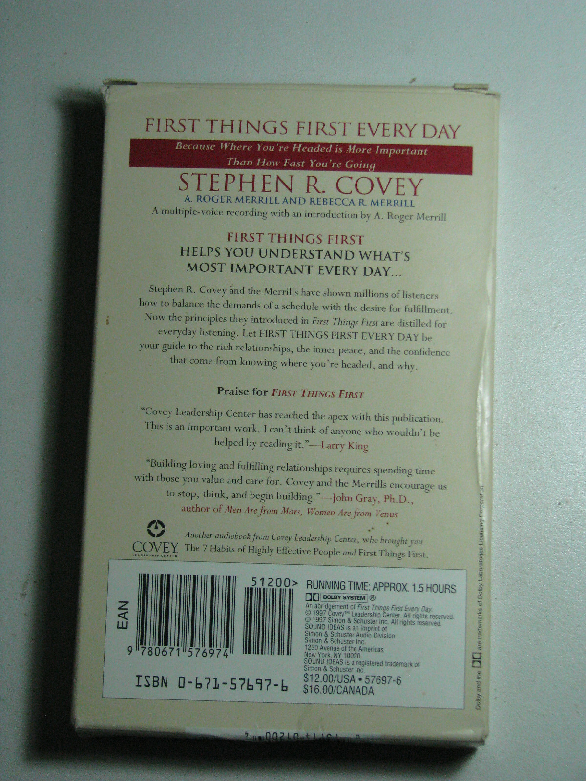 FIRST THINGS FIRST EVERY DAY by Stephen R Covey 1997 Audio Tape ...