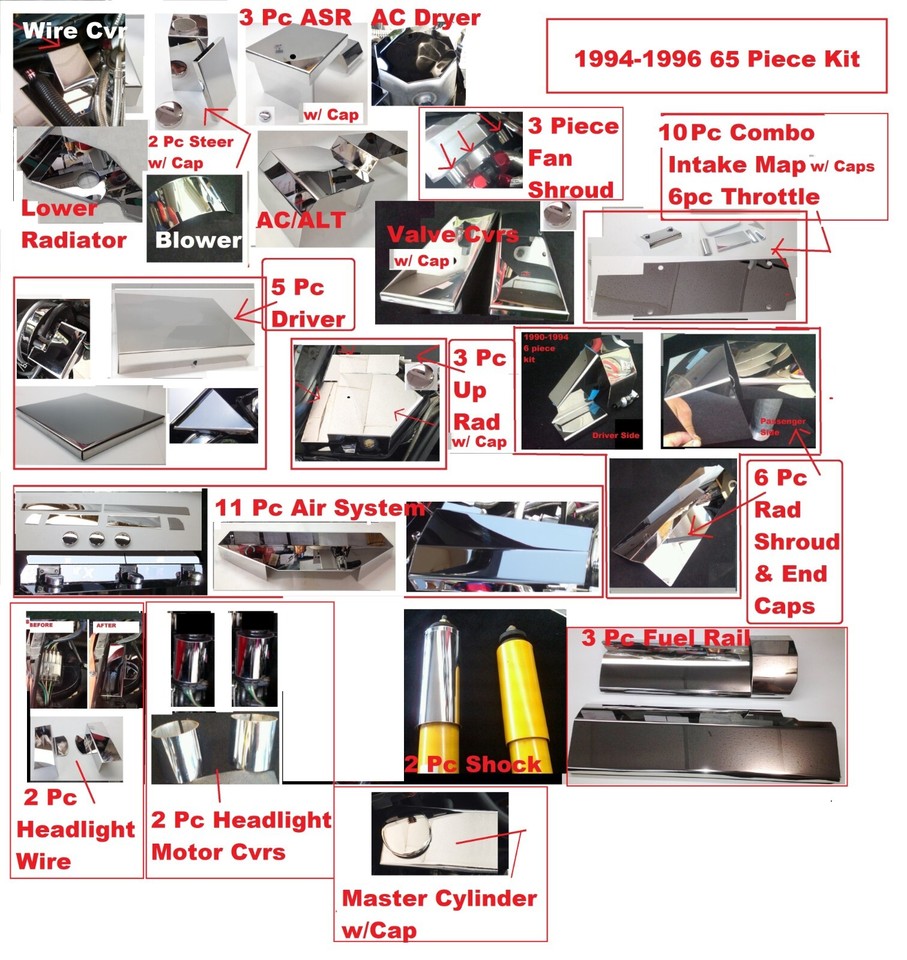 1994 C4 Corvette 70 pc ENGINE COVER KIT Polished Stainless Chrome Cap ...