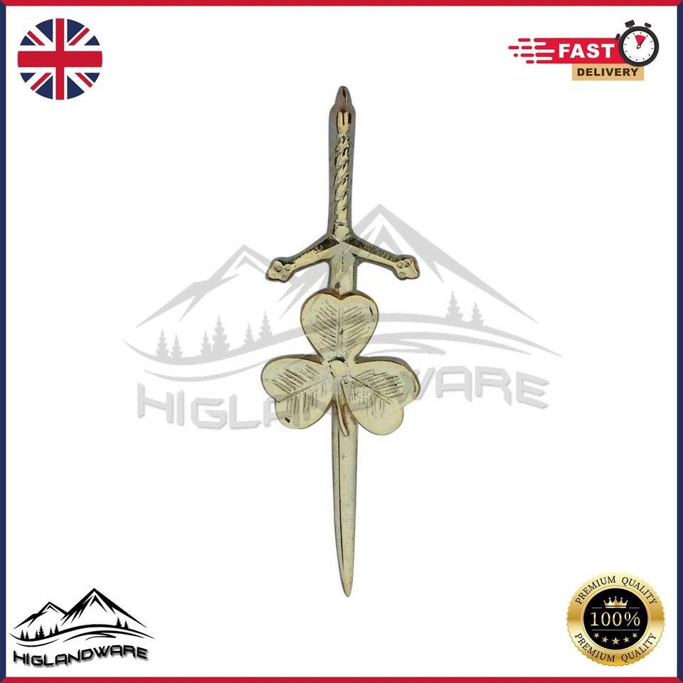 Great Highland Scottish Kilt Pin Irish Shamrock pin Gold Plated 4" Pins ...