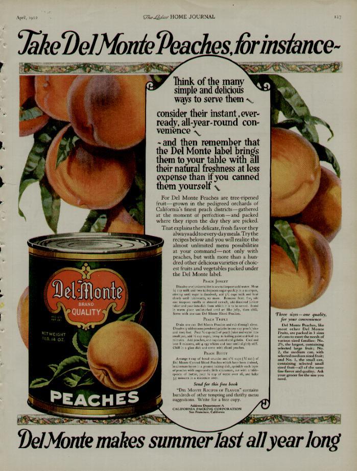 1922 DEL MONTE AD / DEL MONTE PEACHES - SENSATIONAL ARTWORK FOR THE ...