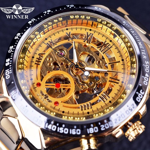 WINNER Luxury Gold Mens Wrist Watch Steel Skeleton Automatic Mechanical ...
