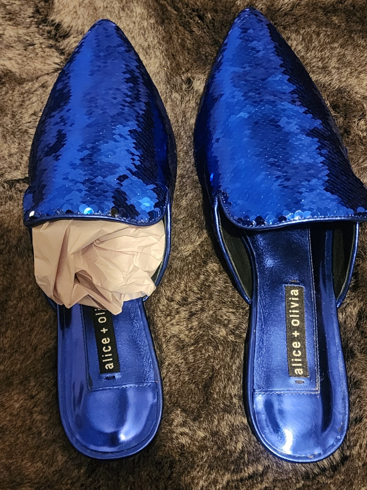 NIB Alice + Olivia Madalyn Size 11 Slide Mule Palace Blue Unique Sequin ...