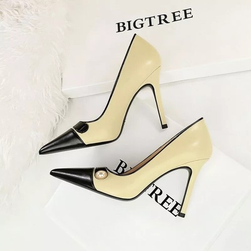 Éscarpins Chaussures Femme Talon 10 CM Noir Beige Élégant Cuir ...