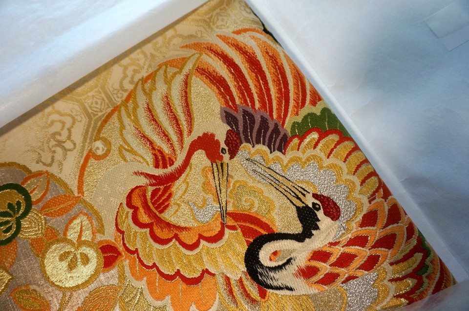 Japanese Kimono,SILK Antique OBI,Zentu,a Couple Cranes,Gld/SIL threads ...