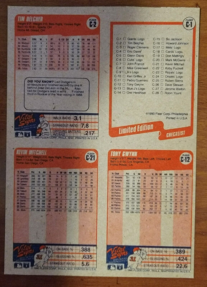 1990 Fleer Baseball Box Bottom UNCUT Panel TONY GWYNN/MITCHELL/BELCHER ...