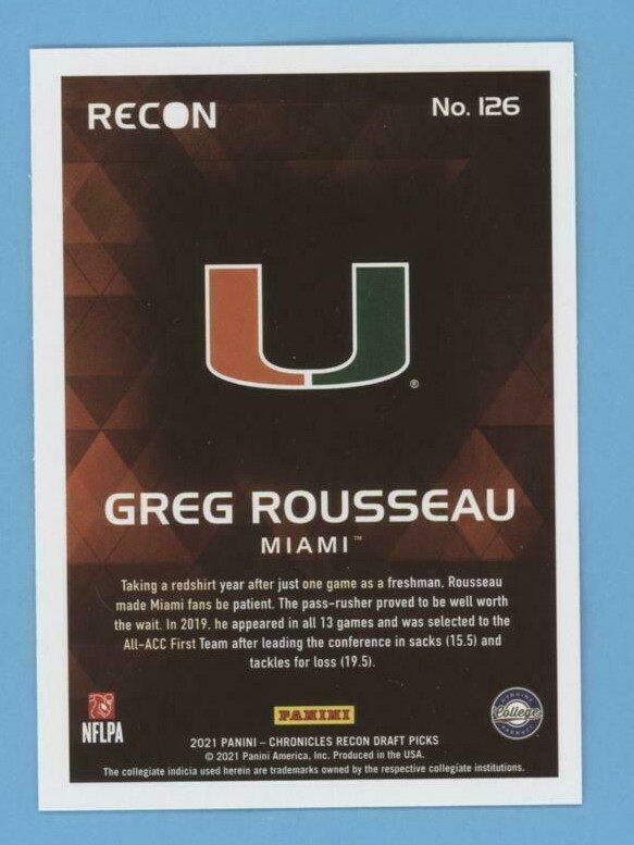 Greg Rousseau 2021 Panini Chronicles Draft RECON GREEN FOIL PARALLEL ...
