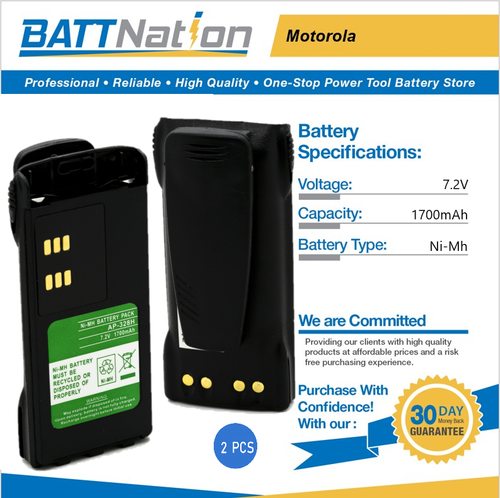 2x 7.2V 1700mAh NiMh battery for Motorola HNN9008, HNN9008A, HT750 ...