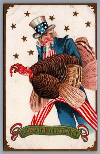 Thanksgiving Greetings Postcard Uncle Sam Choking Turkey Patriotic G15 ...