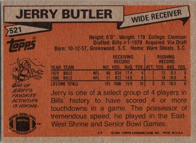 Jerry Butler 1981 Topps #521 Buffalo Bills | eBay